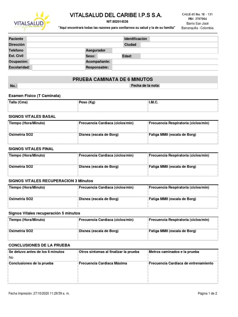 Prueba Caminata De 6 Minutos Pdf Síntomas Y Signos Cuidado De La