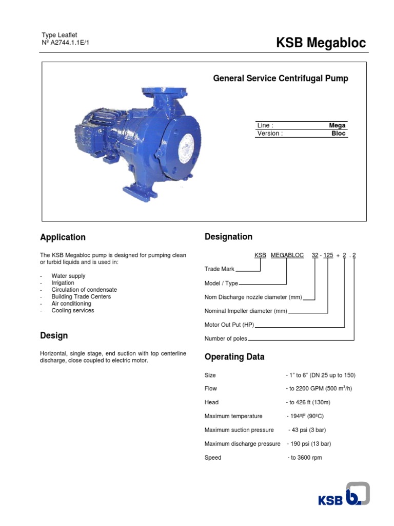KSB Megabloc: General Service Centrifugal Pump | PDF | Pump | Gas Technologies