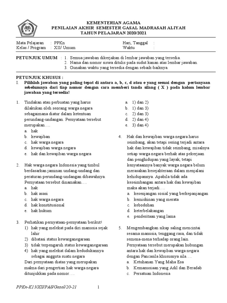 Soal Pas PPKN Kelas Xii 2020-2021 | PDF