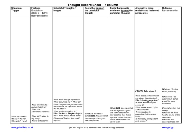 Thought Record Sheet 7 Column | PDF | Feeling | Emotions