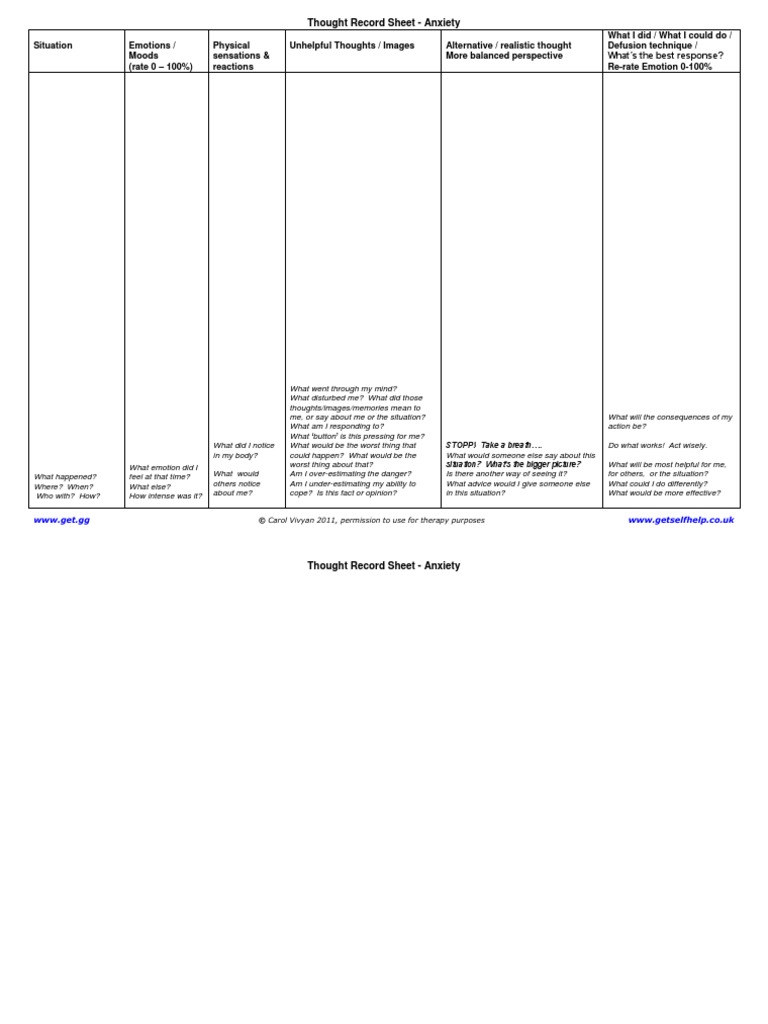 Thought Record Sheet Anxiety | PDF | Anxiety | Emotions