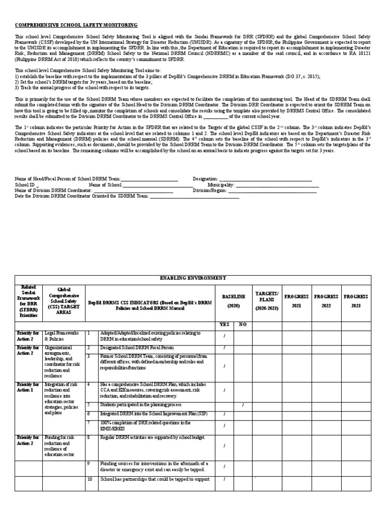 Comprehensive School Safety Monitoring Tool2 | PDF | Disaster Risk ...