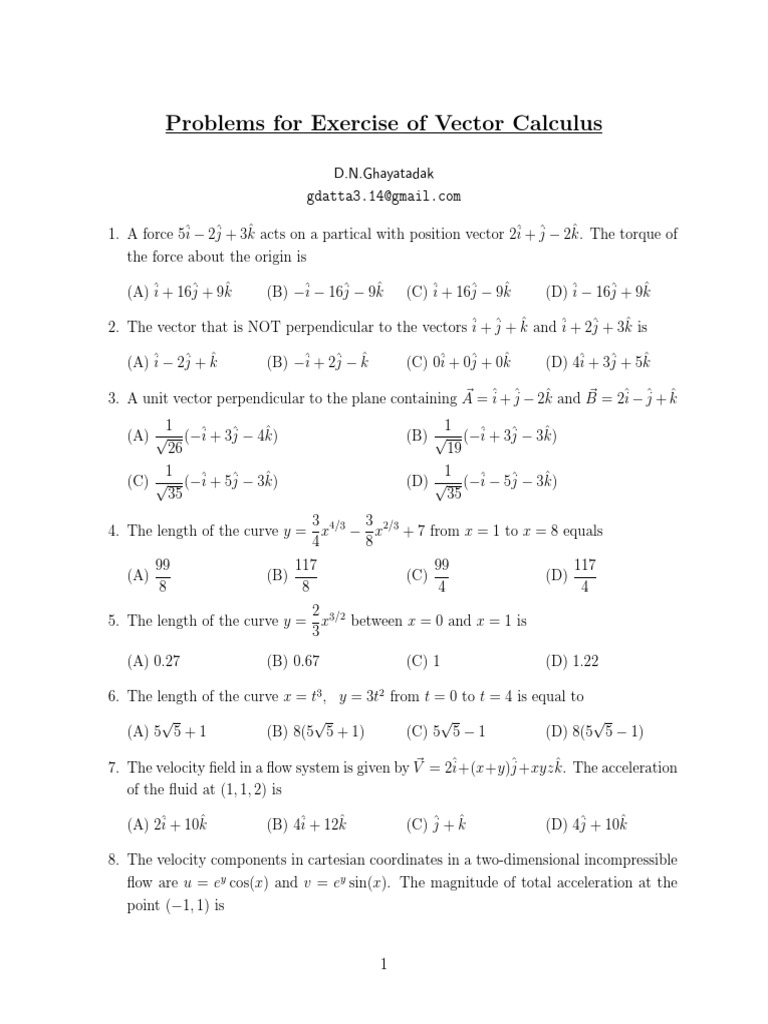 Problems For Exercise of Vector Calculus | PDF | Divergence | Gradient