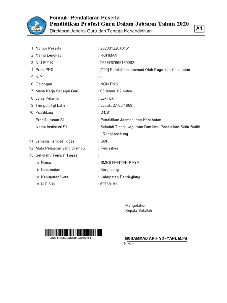 A1 Formulir Pendaftaran PPG | PDF