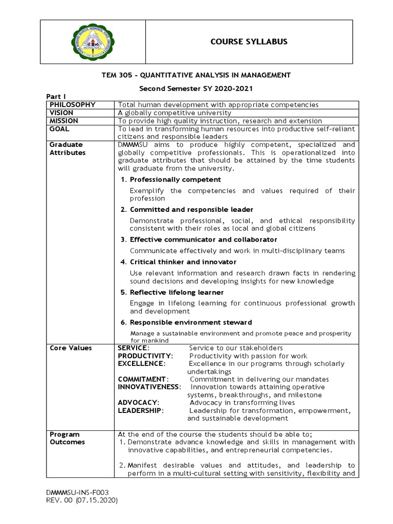 Copc Syllabus Tem 305 Qam | PDF | Quantitative Research | Decision Making