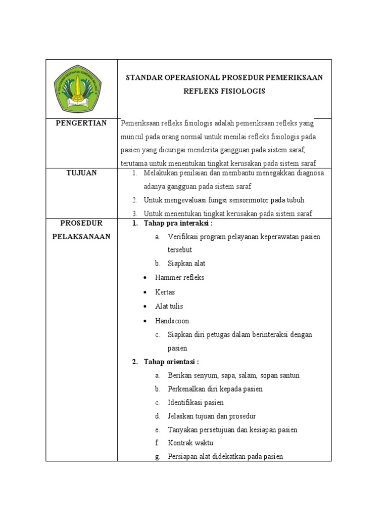 Standar Operasional Prosedur Pemeriksaan Refleks Fisiologis | PDF
