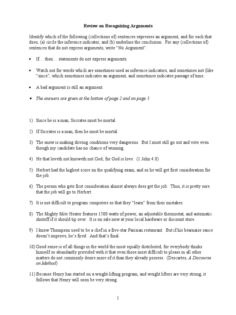 Even More Exercises For Recognizing Arguments Pdf Argument Inference 7591
