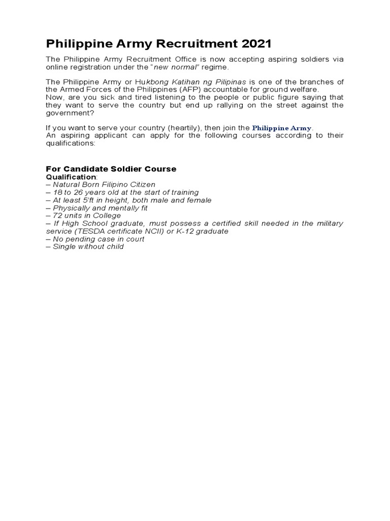 Philippine Army Recruitment 2021 | PDF