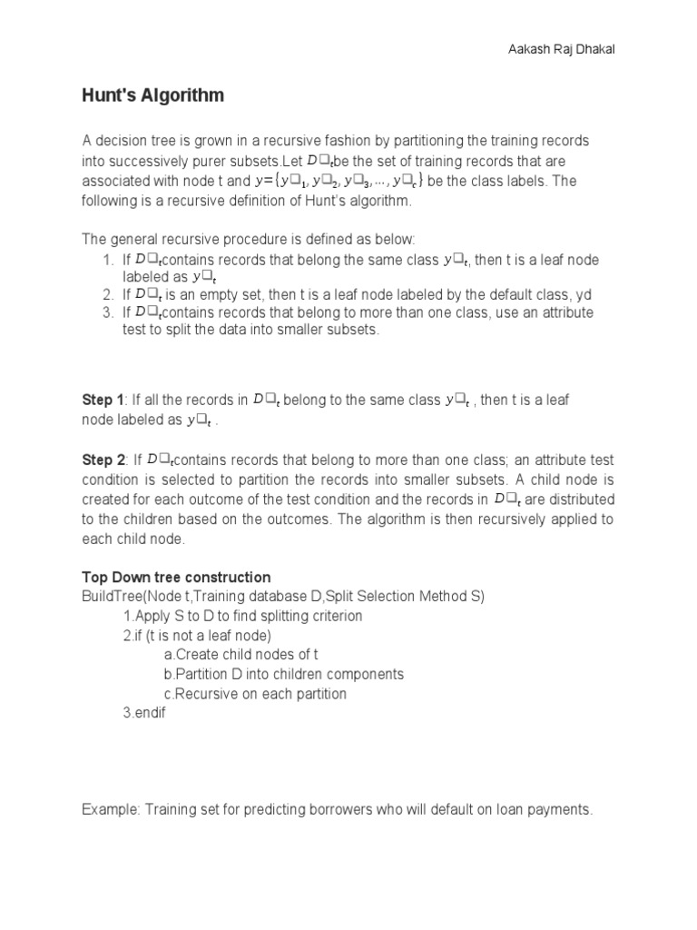 Hunt's Algorithm: D y (Y, Y, Y, ..., y | PDF | Computer Data ...