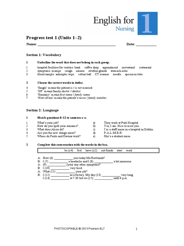 Progress Test 1 (Units 1-2) : Name: - Date: - Section 1: Vocabulary ...