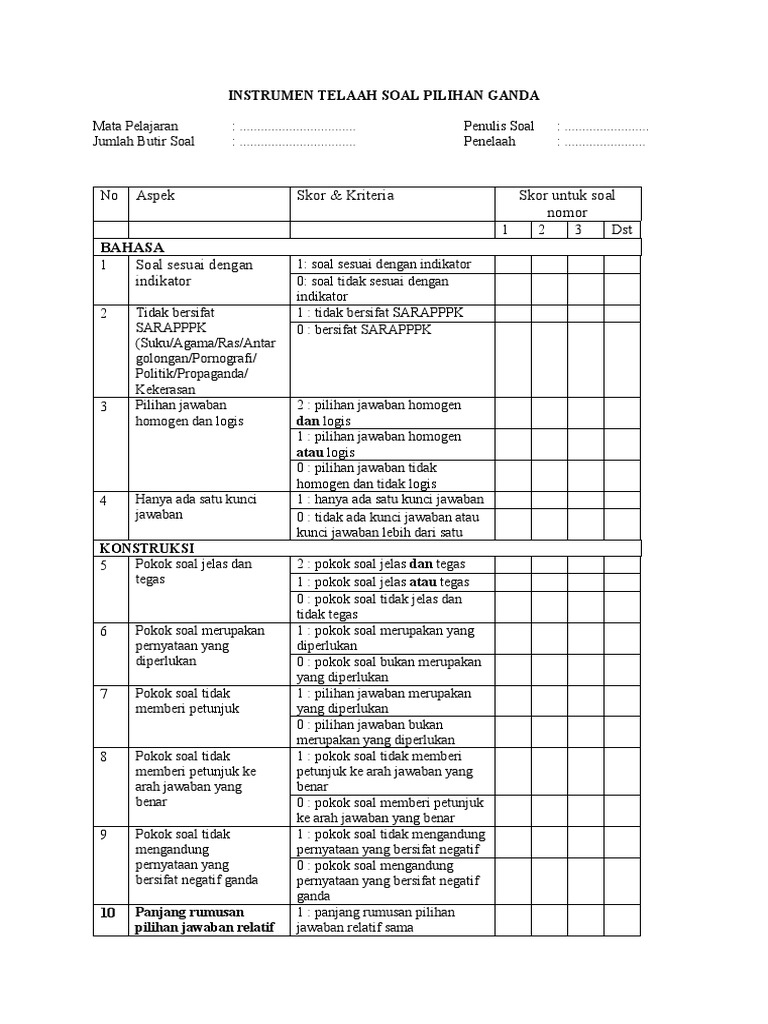 Instrumen Telaah Soal Pilihan Ganda | PDF
