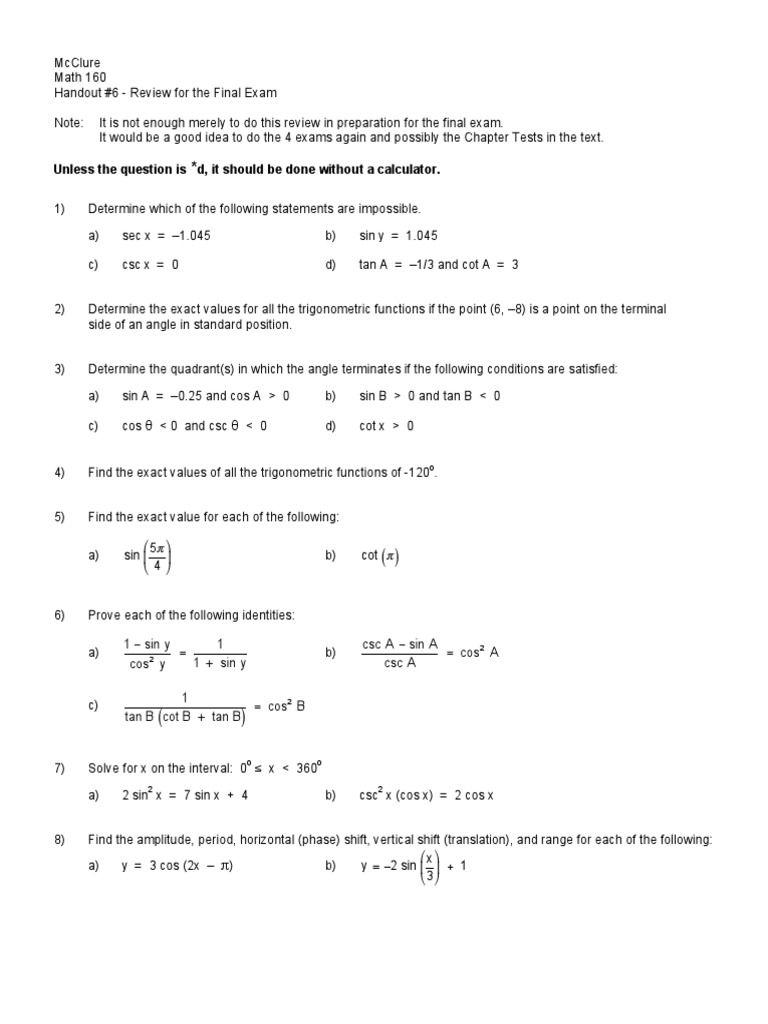 McClure Math 160 Handout #6 Review Trigonometry | PDF | Trigonometric ...