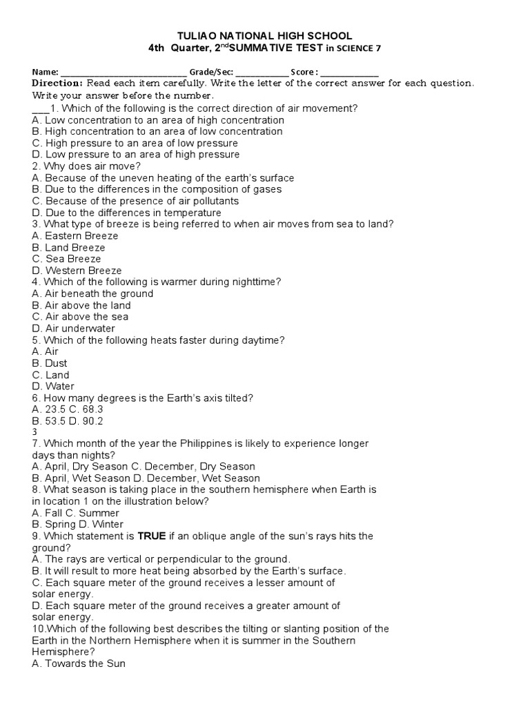 Science 7 Summative Test: Air Movement | PDF | Atmosphere Of Earth | Earth