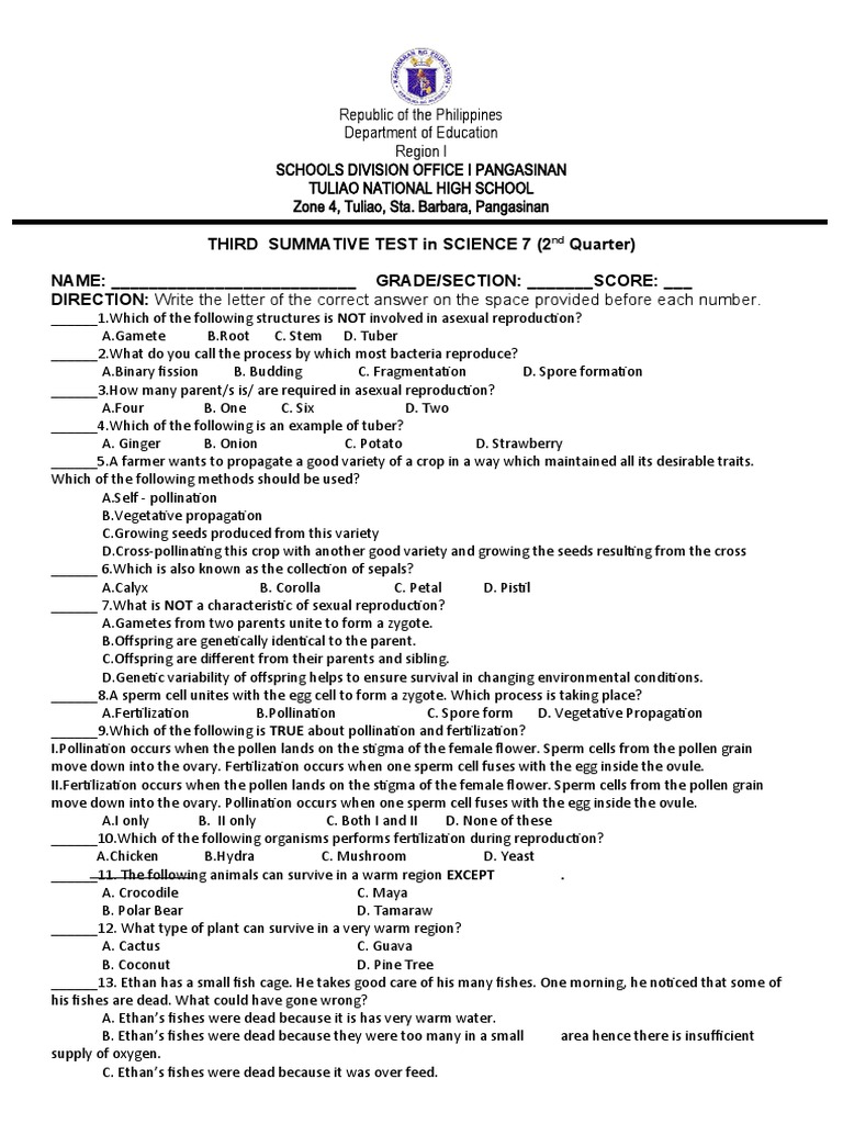 3RD sUMMATIVE 2Q-Science 7 | PDF | Fertilisation | Reproduction