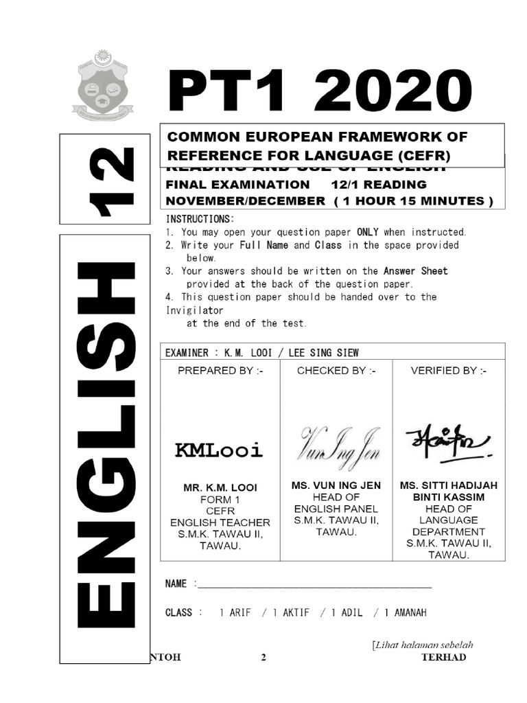 PT1 Final Exam November December 2020 English Cefr Form 1 Paper | PDF