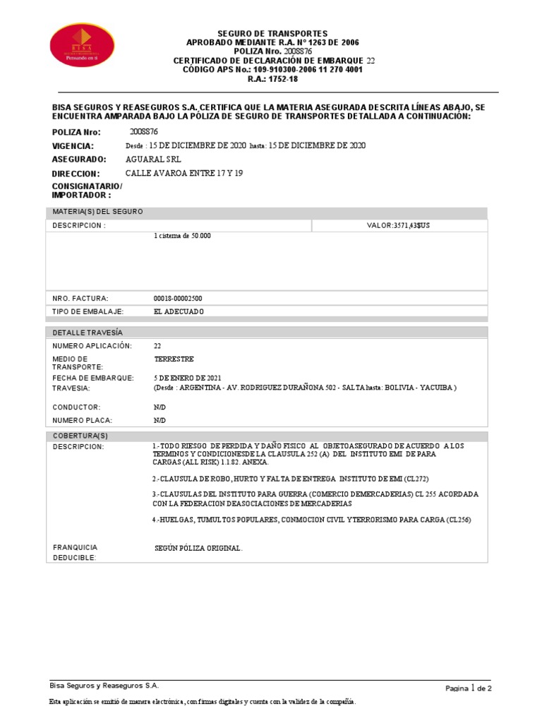 Seguro - Bisa - Aplicación #22 | PDF | Póliza de seguros | Reaseguro