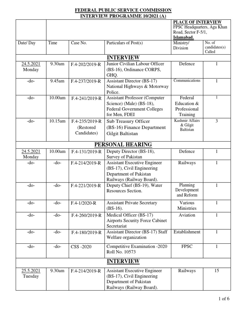 FPSC Interview Schedule 10/2021 | PDF | Government Of Pakistan | Pakistan