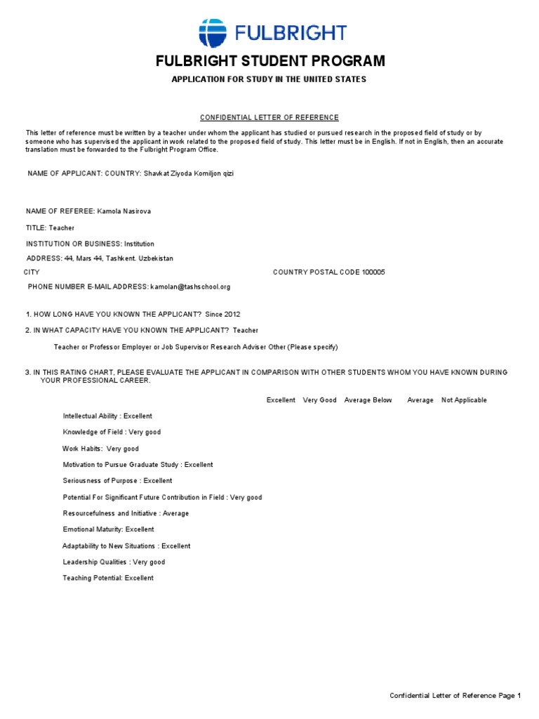 Fulbright Student Program: Application For Study in The United States ...