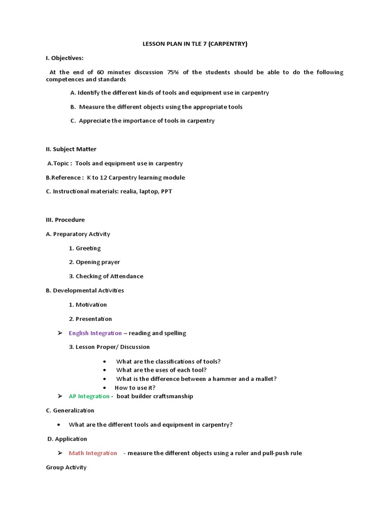 Carpentry Tools Lesson Plan | PDF | Carpentry | Screw