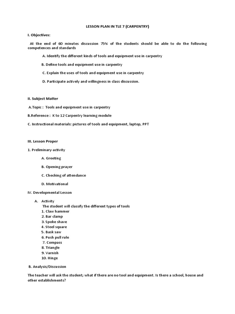 Lesson Plan in Tle 7 (Carpentry) I. Objectives | PDF | Carpentry | Tools