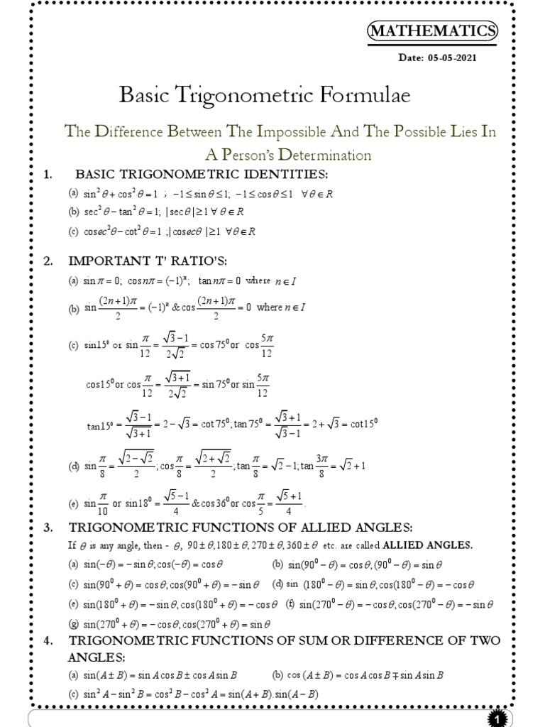 Trigonometry Formulae - Trigo Formulae For LAKSHYA JEE | PDF ...