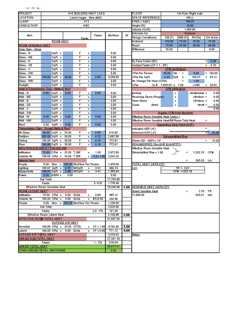 Heat Load Sheet | PDF | Window | Physical Quantities