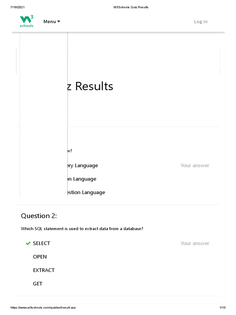 W3Schools Quiz Results | PDF | Data Management Software | Information ...