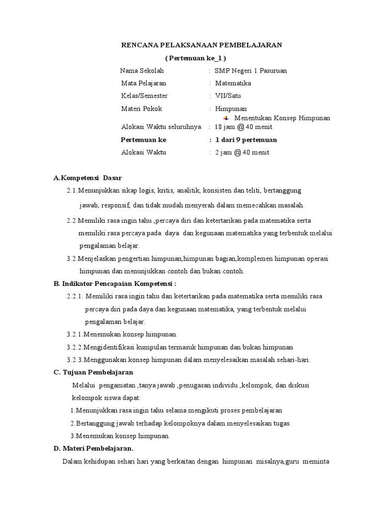 RPP 1 Konsep Himpunan | PDF | Karier & Perkembangan | Pengembangan Diri