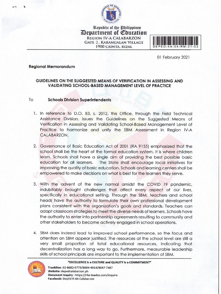 SBM Guidelines On The Suggested MOVs | PDF