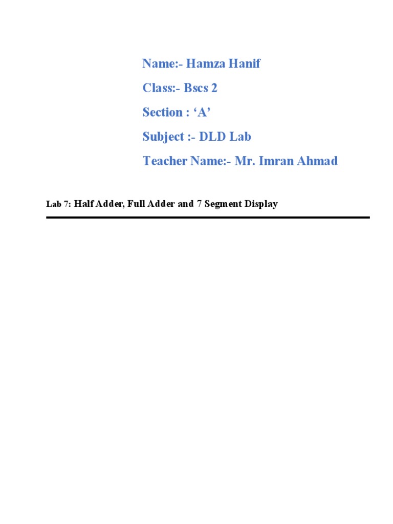 Hamza Hanif DLD Lab#7 | PDF | Computer Engineering | Arithmetic