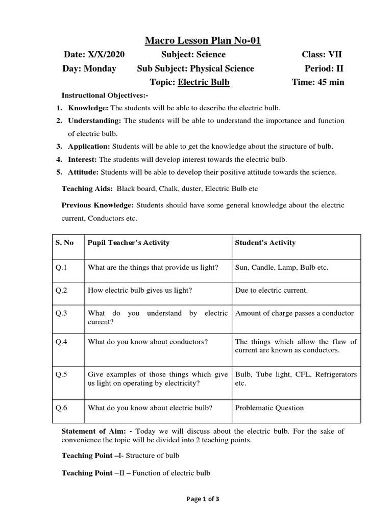 Macro Lesson Plan of Science | PDF | Incandescent Light Bulb | Lesson Plan