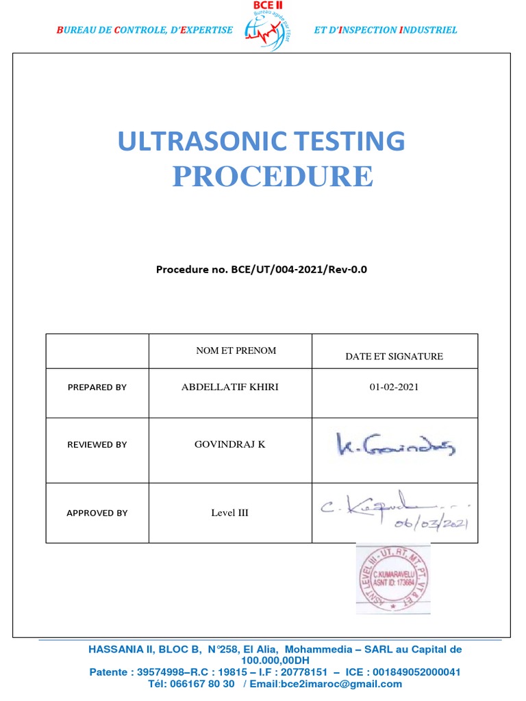 Ultrasonic Testing Procedure: Procedure No. BCE/UT/004-2021/Rev-0.0 ...