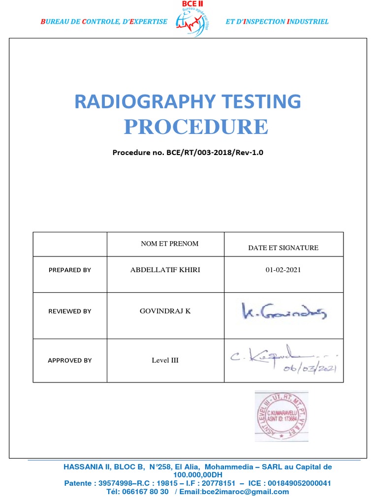 Radiography Testing Procedure: Procedure No. BCE/RT/003-2018/Rev-1.0 ...
