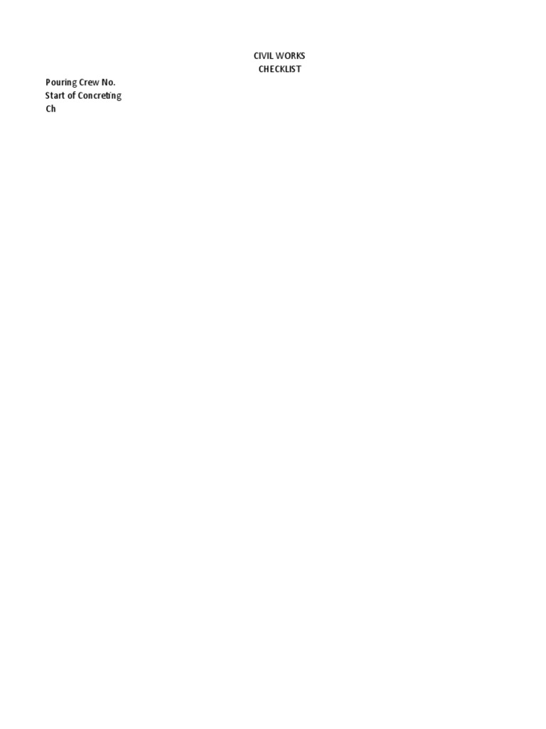 Civil Works Checklist Pouring Crew No. Start of Concreting CH | PDF