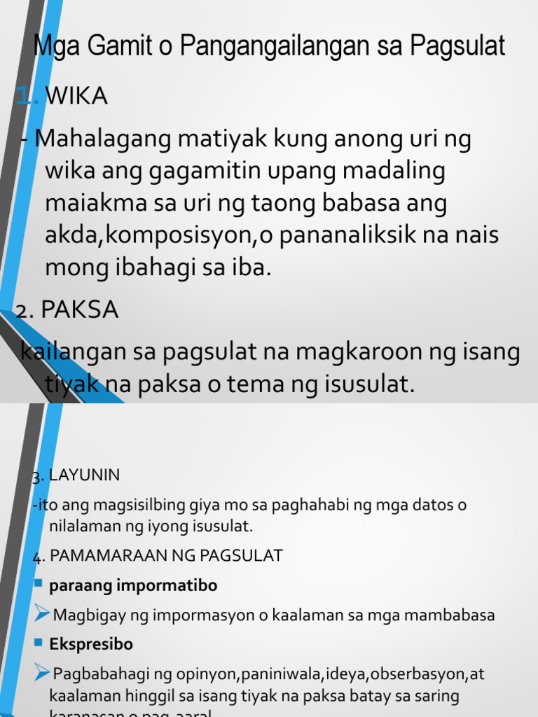 Lesson 1.1 Mga Gamit o Pangangailangan Sa Pagsulat | PDF