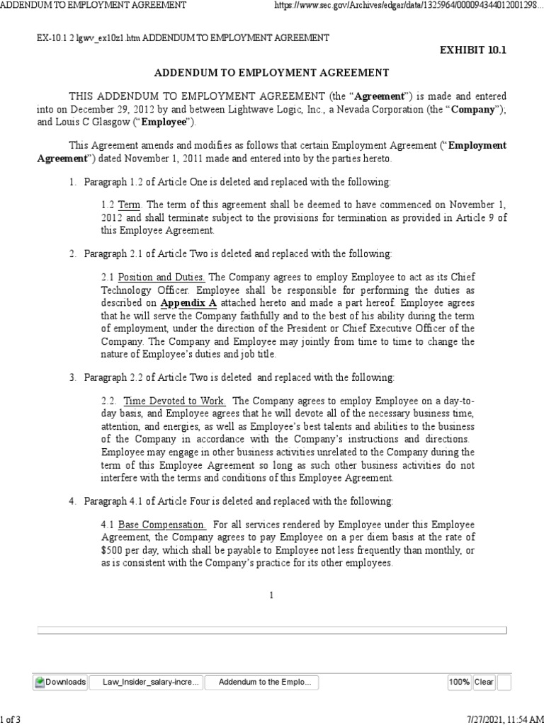 Employment Agreement Addendum Sample | PDF | Liability Insurance ...