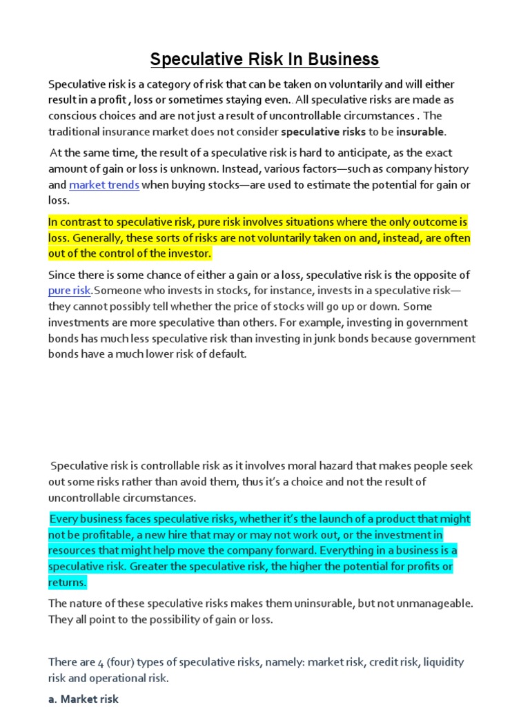 Speculative Risk in Business-Bst 1 | PDF | Risk | Market Liquidity