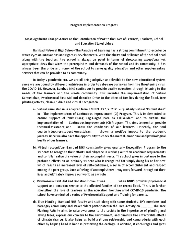 Program Implementation Progress | PDF | Motivation | Motivational