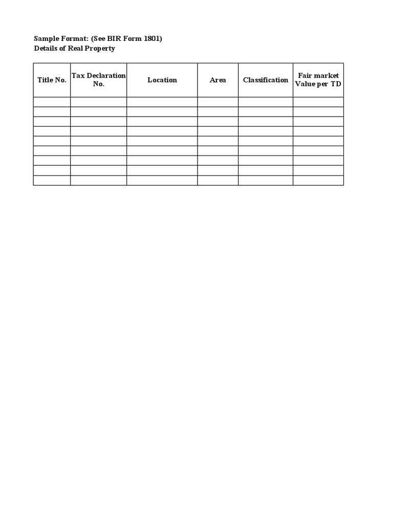 Sample Format: (See BIR Form 1801) Details of Real Property | PDF