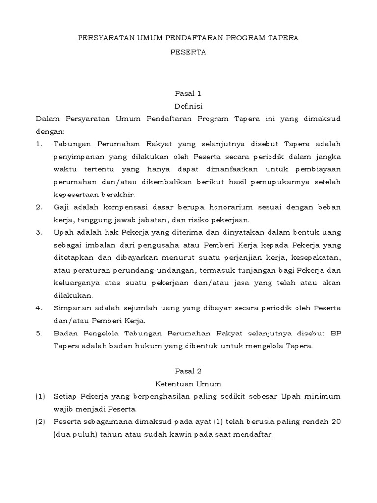 Persyaratan Umum Pendaftaran Program Tapera (PUPPT) Peserta | PDF