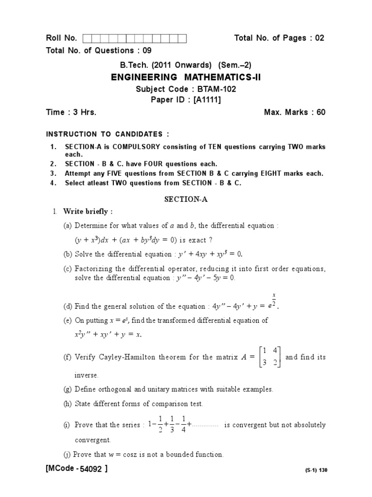 Ptu B.tech 1 Math2 2015 | PDF | Equations | Logarithm