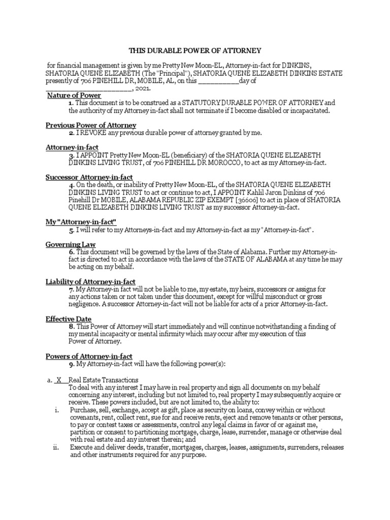 Alabama Durable Power of Attorney Document | PDF | Power Of Attorney ...