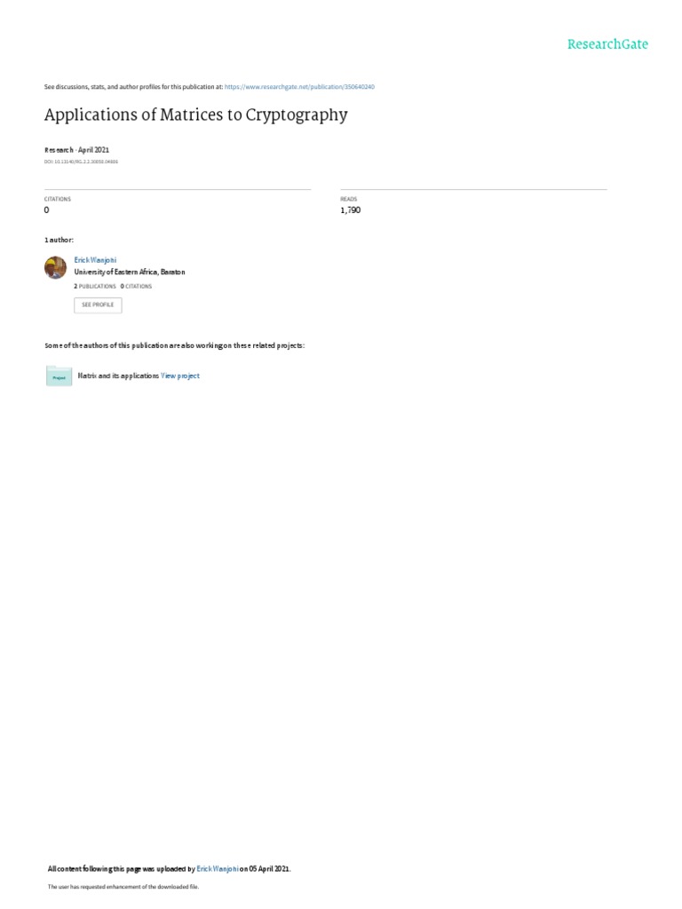 Applications of Matrices To Cryptography | PDF | Key (Cryptography ...