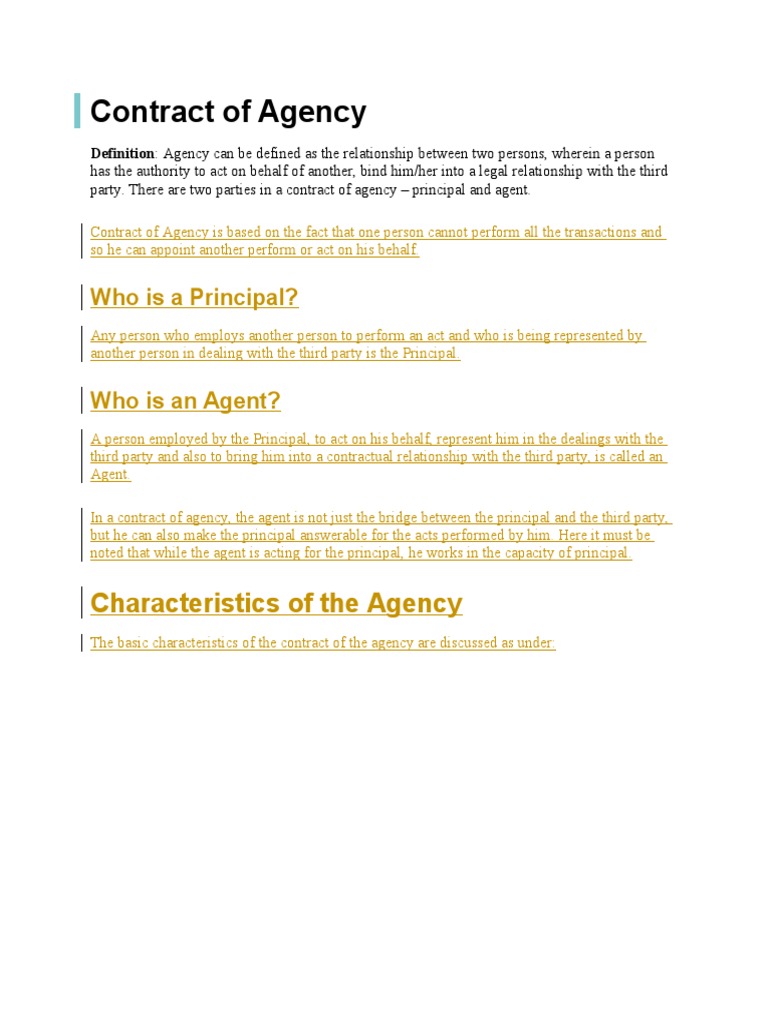 Contract of Agency Definition | PDF | Law Of Agency | Law Of Obligations