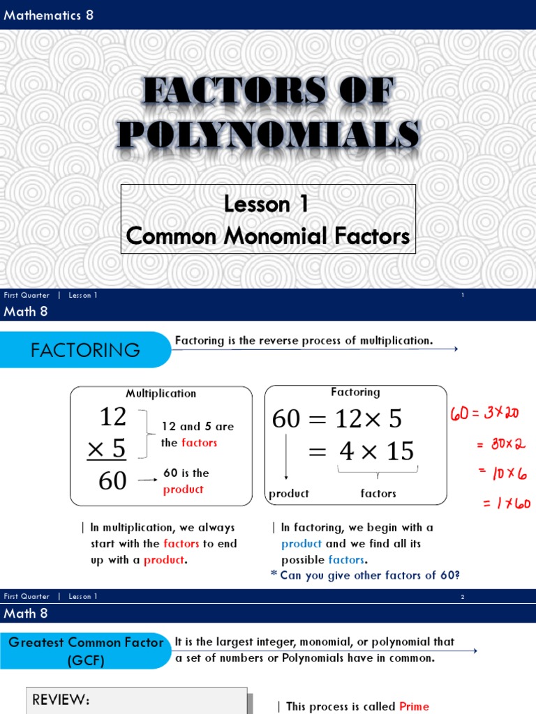 Math 8 Lesson 1 Common Monomial Factors | PDF | Factorization | Multiplication