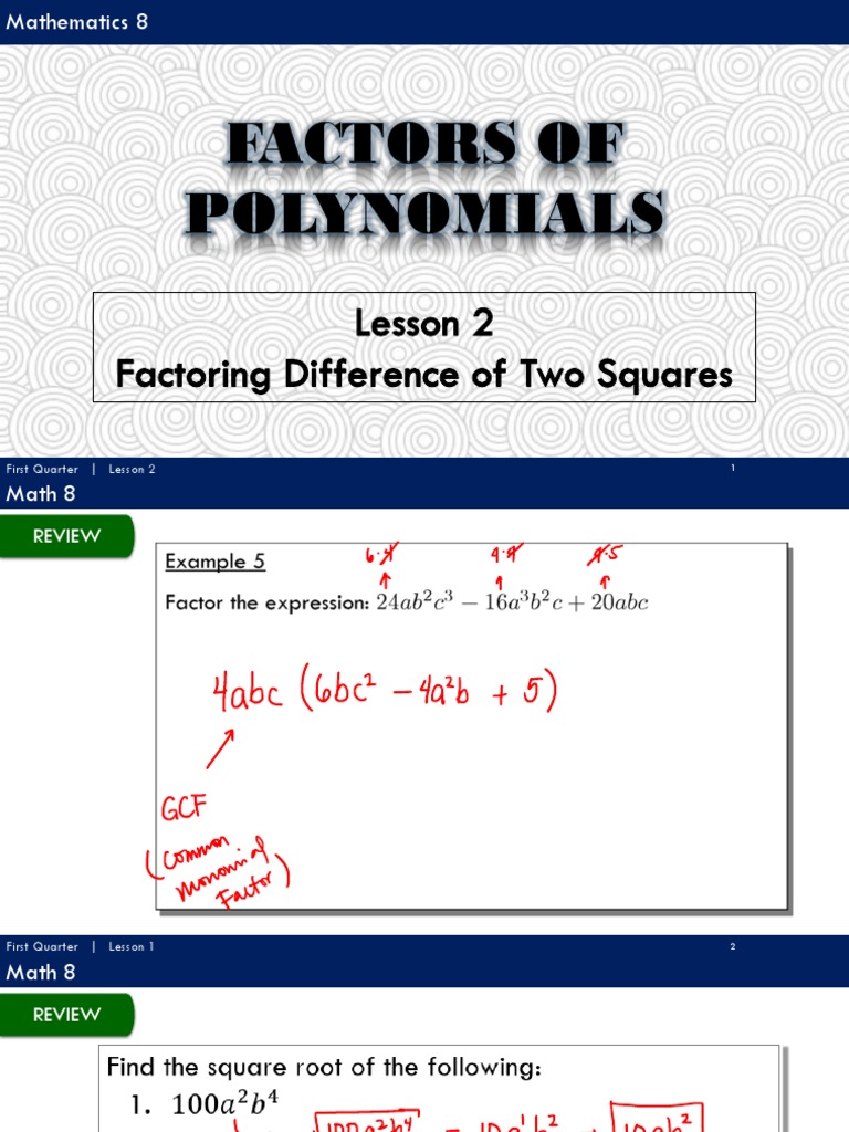 Math 8 Lesson 2 Factoring Difference of Squares | PDF