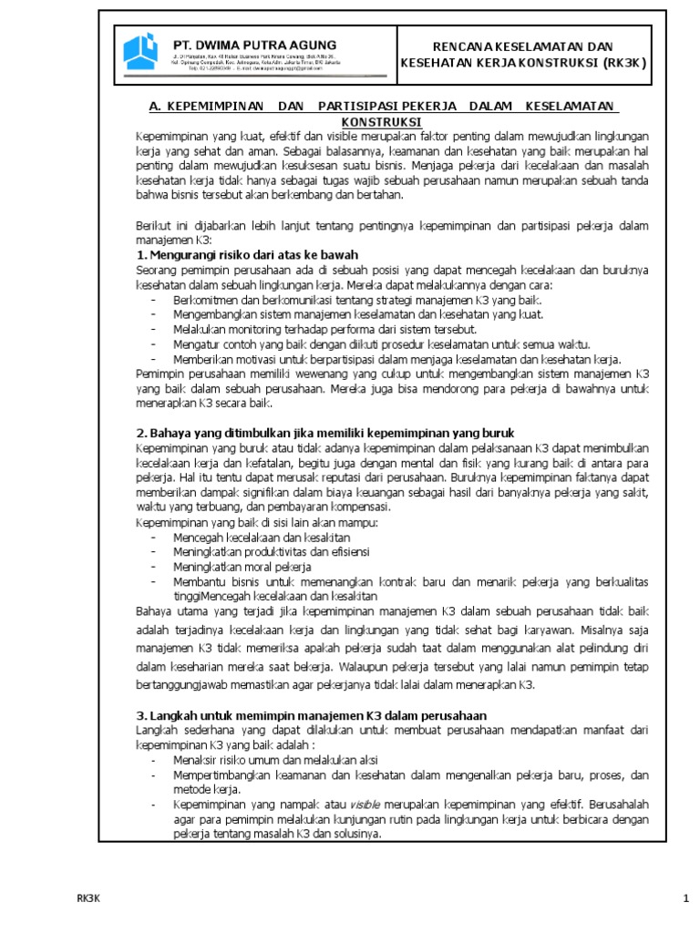 Rencana Keselamatan Dan Kesehatan Kerja Konstruksi (Rk3K) A ...