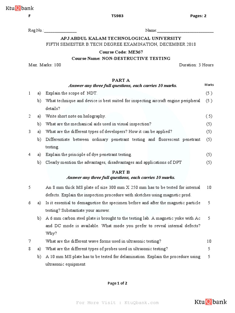 Answer Any Three Full Questions, Each Carries 10 Marks.: Reg No.: - Name | PDF | Nondestructive ...