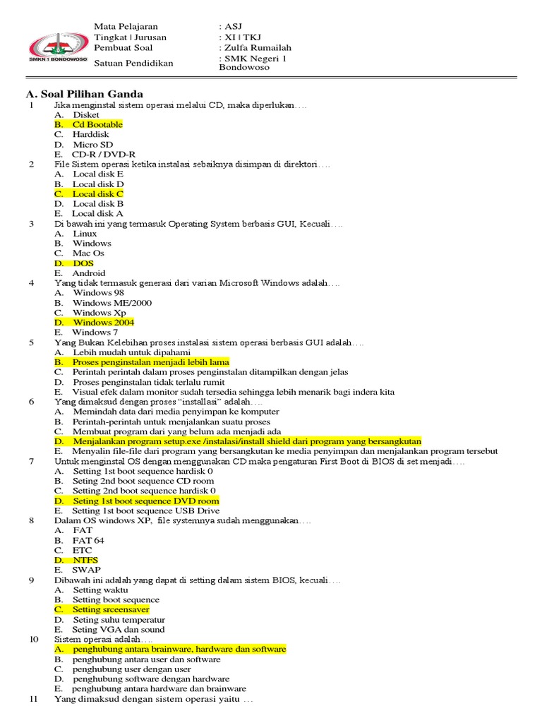 SOAL ASJ XI TKJ-Latihan | PDF