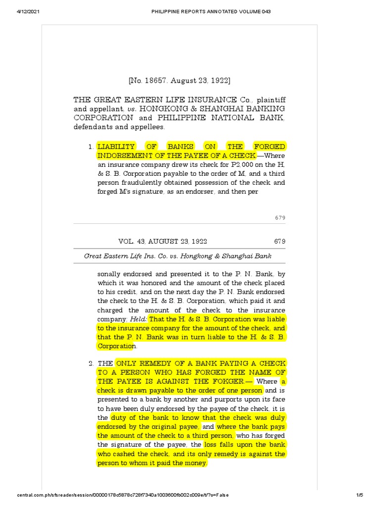 Great Eastern Life Insurance vs. HSBC | PDF | Forgery | Negotiable ...